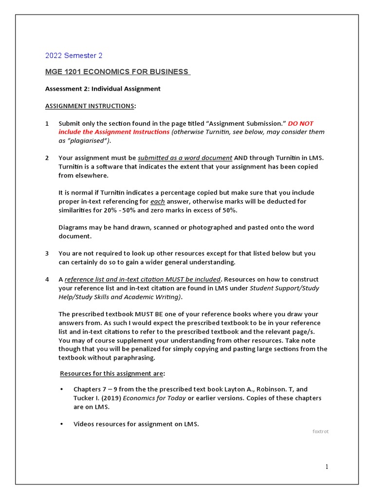 Mge 1201 Economics For Business: Assessment 2: Individual Assignment ...