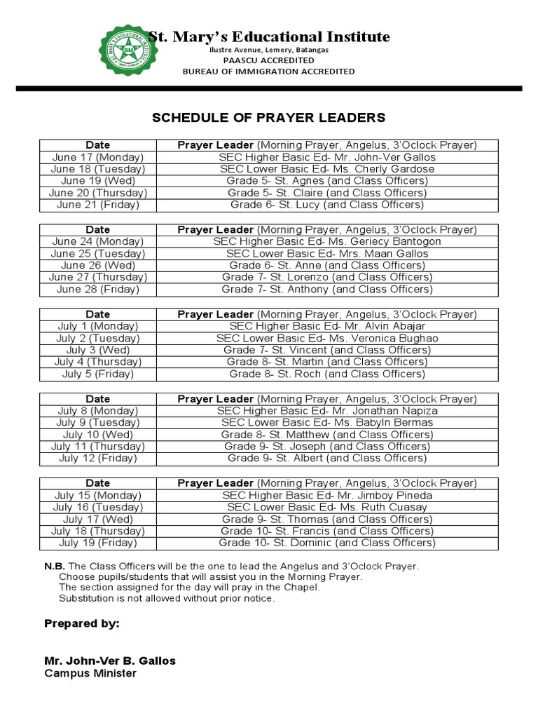 Schedule of Prayer Leaders | PDF | Christian Worship And Liturgy ...
