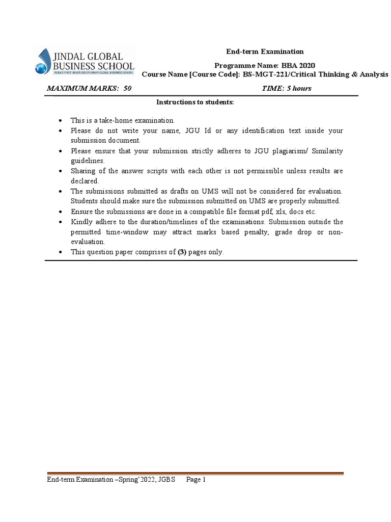 Question Paper CT Set A - Anjuman | PDF | Argument | Cognition