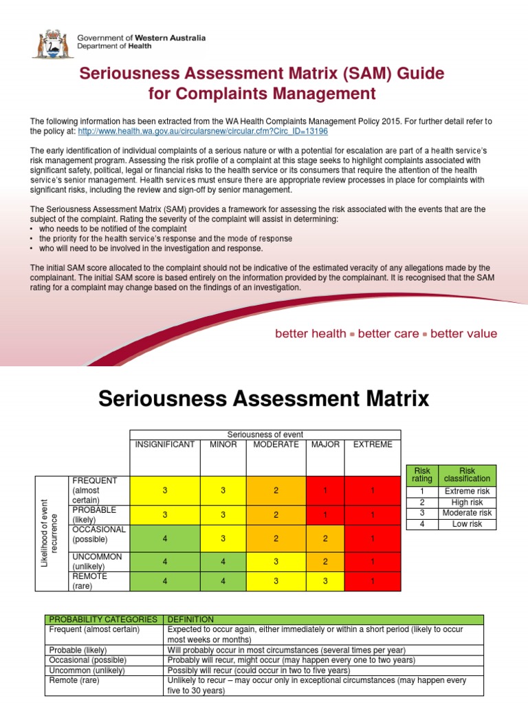 Seriousness Assessment Matrix (SAM) Guide For Complaints Management ...