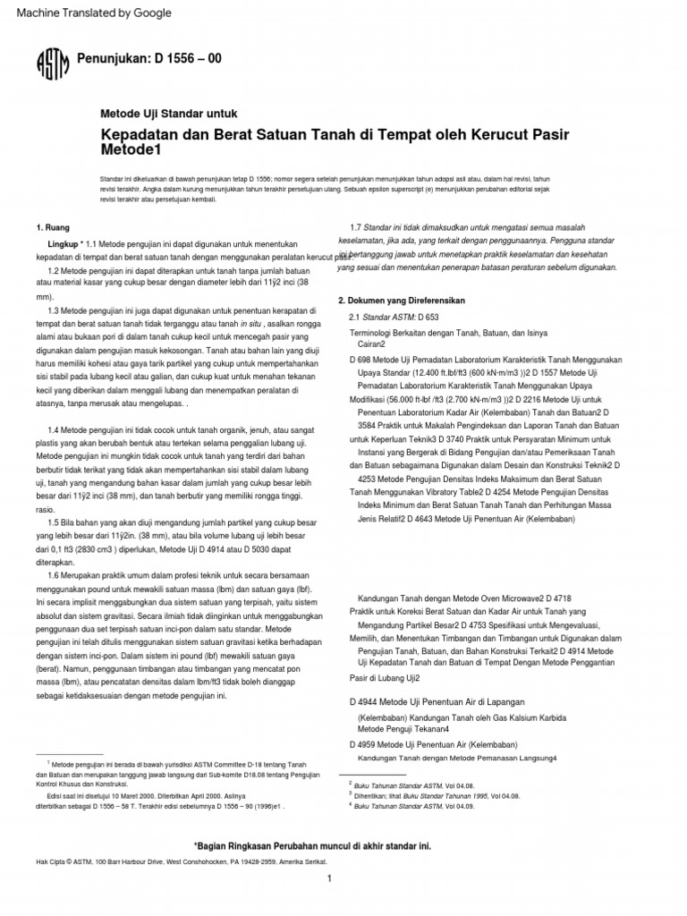 Astm d-1556 Density and Unit Weight of Soil in Place by The Sand-Cone Method | PDF