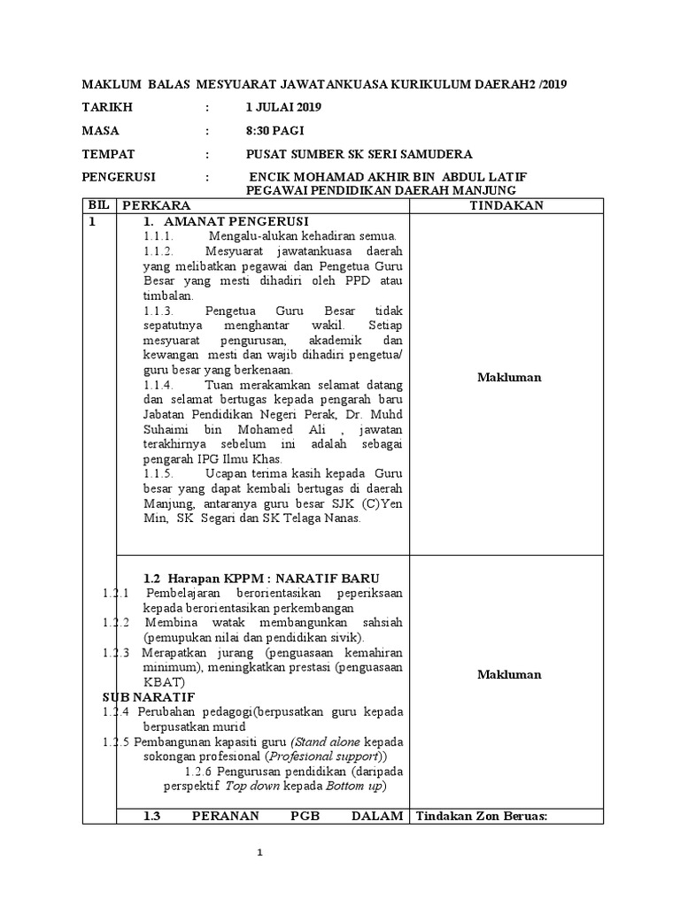 Minit Mesyuarat Jawatankuasa Kurikulum | PDF