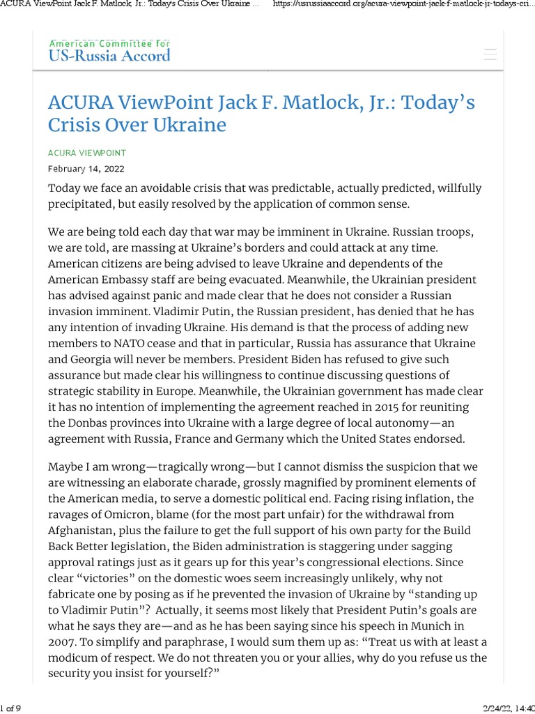 ACURA ViewPoint Jack F. Matlock, Jr. Today's Crisis Over Ukraine ...