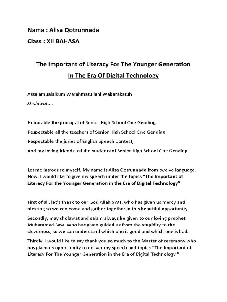 Nama: Alisa Qotrunnada Class: Xii Bahasa The Important of Literacy For The Younger Generation in ...