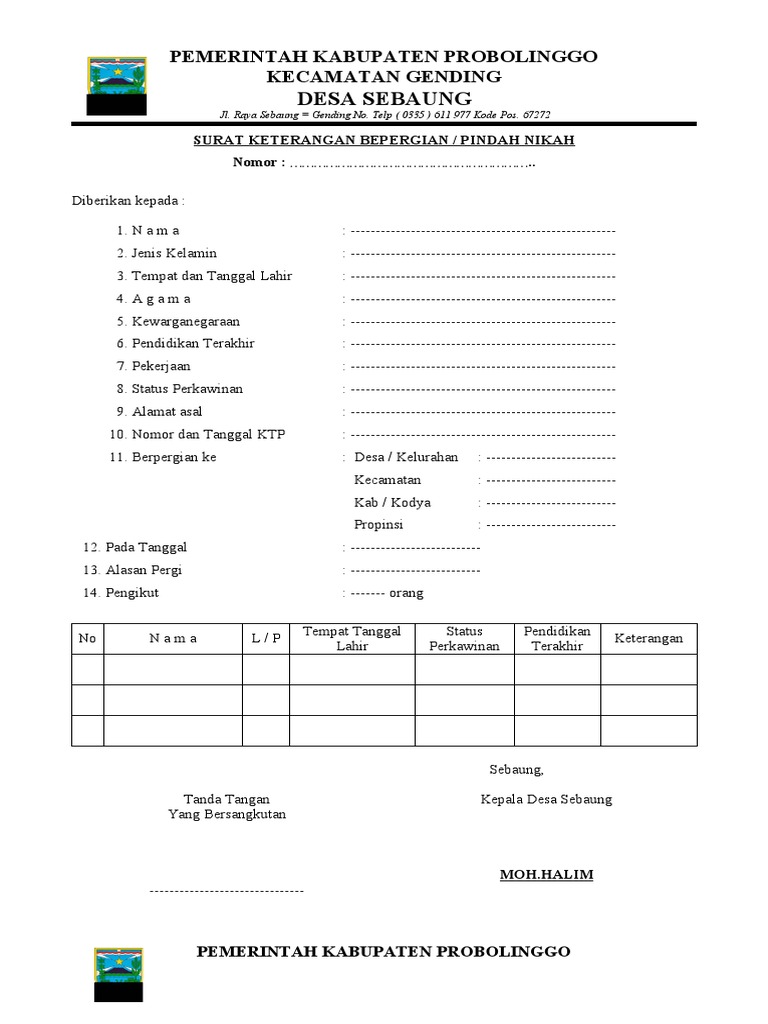 Surat Keterangan Nikah dan Bepergian Sebaung | PDF