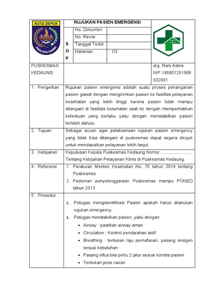 SOP NEW Rujukan Emergency + Daftar Tilik | PDF