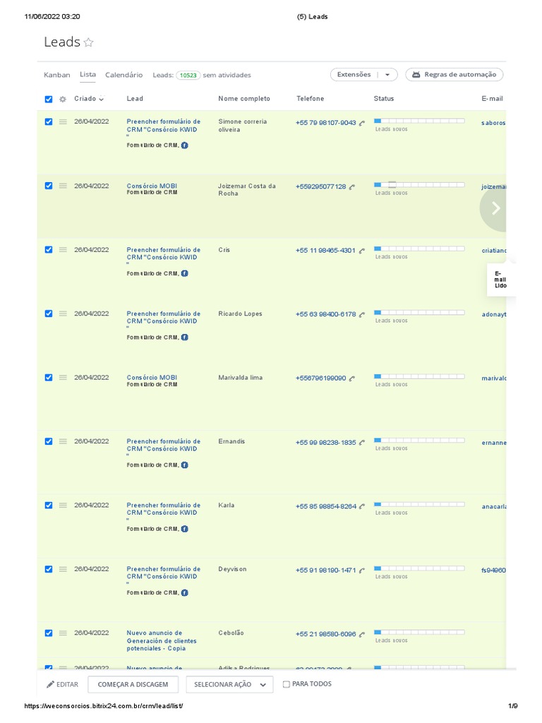 Leads: Criado Lead Nome Completo Telefone Status E-Mail | PDF