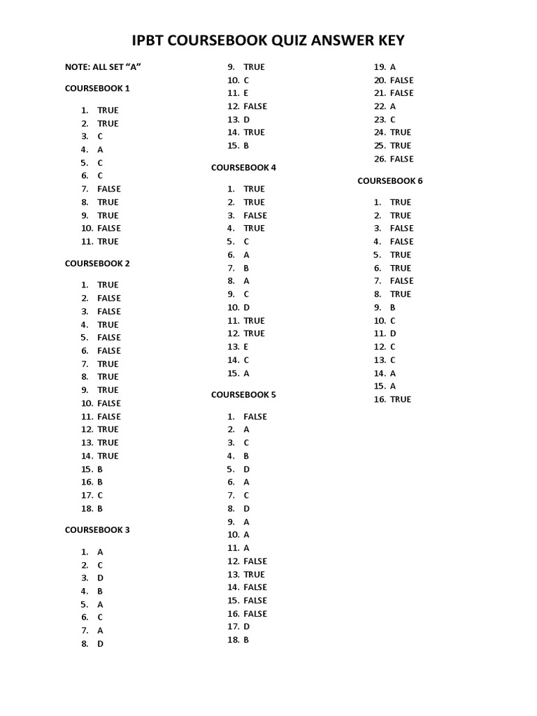 Ipbt Coursebook Quiz Answer Key | PDF