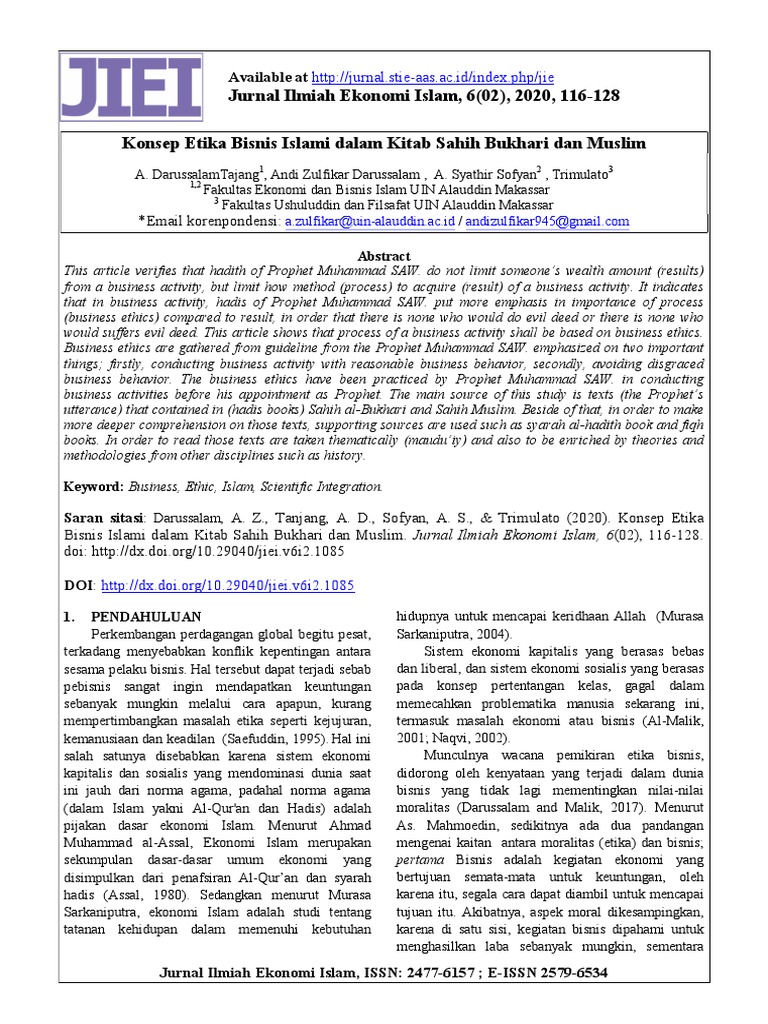 Jurnal Ilmiah Ekonomi Islam, 6 (02), 2020, 116-128 Konsep Etika Bisnis Islami Dalam Kitab Sahih ...