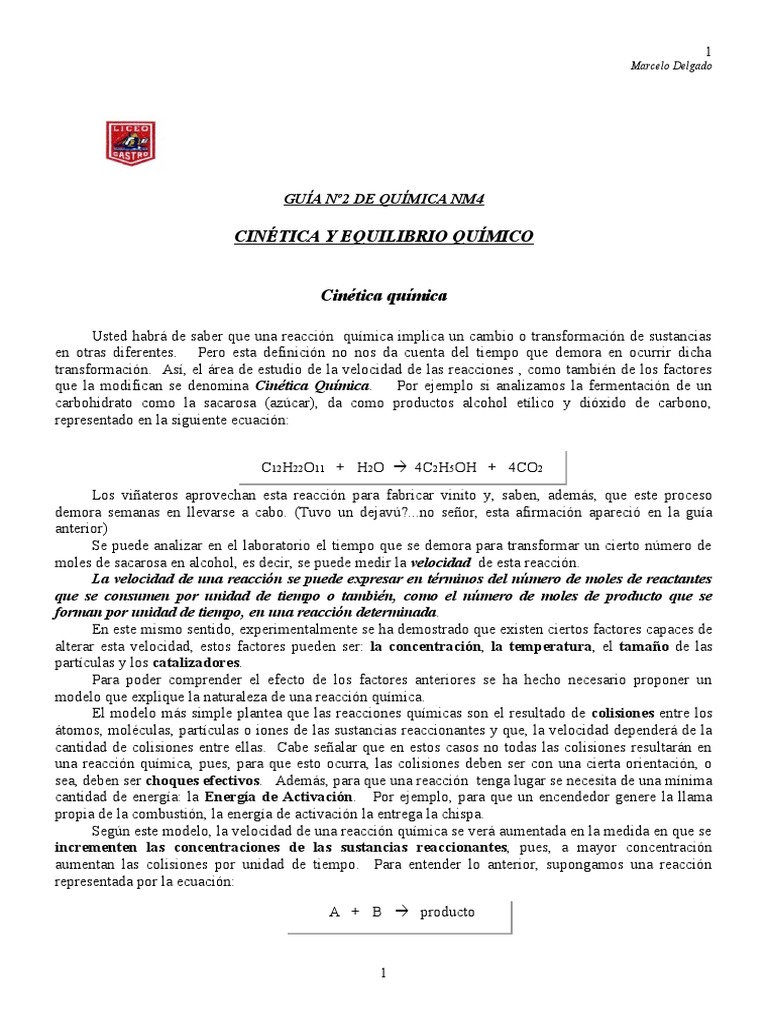 Guía Cuarto Medio Química Cinetica y Equilibrio | PDF | Equilibrio químico | Reacciones químicas
