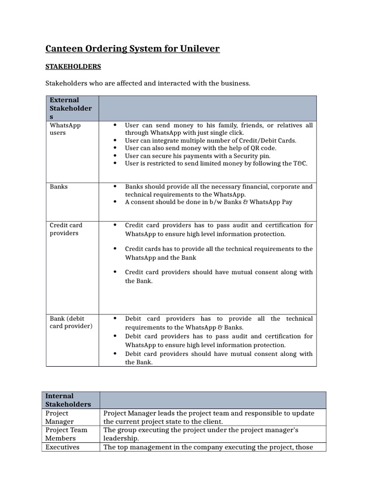 Canteen Ordering System For Unilever: Stakeholders | PDF | Credit Card ...