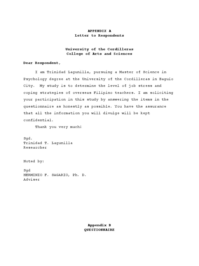 Appendix A Letter To Respondents University of The Cordilleras College ...