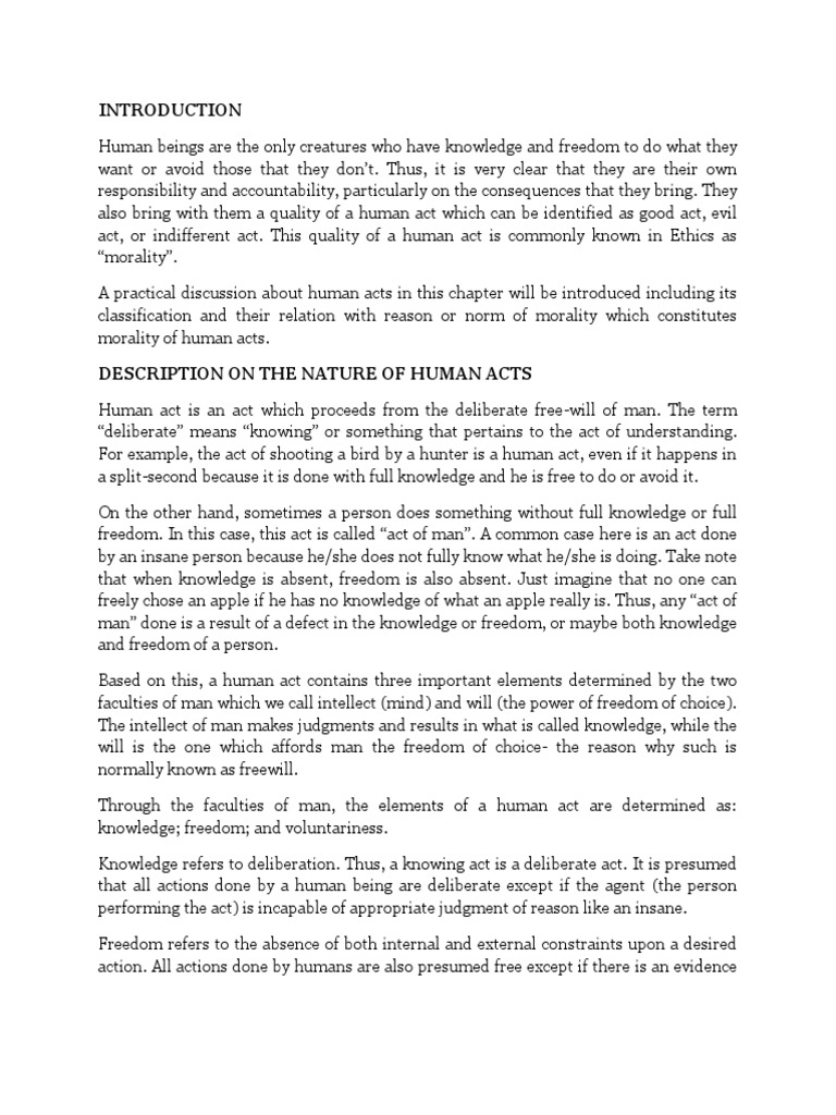 Understanding the Nature and Classification of Human Acts | PDF | Free Will | Intention