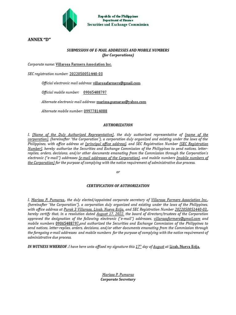 Annex "D": Submission of E-Mail Addresses and Mobile Numbers (For ...