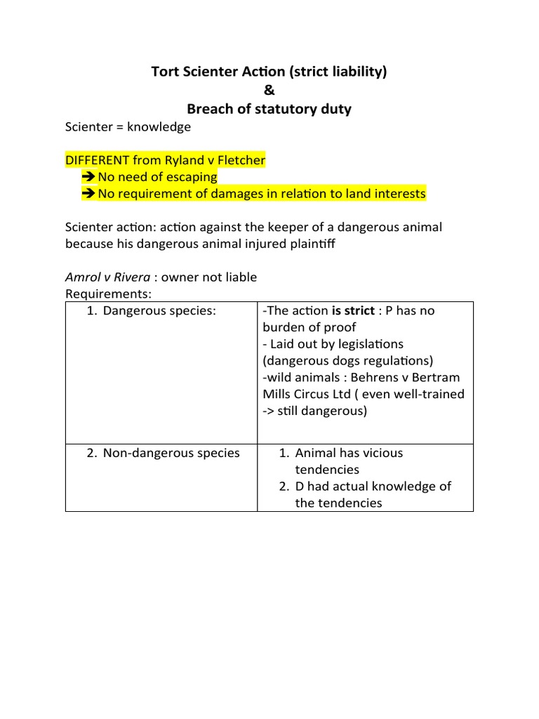 Tort Scienter Action (Strict Liability) & Breach of Statutory Duty ...
