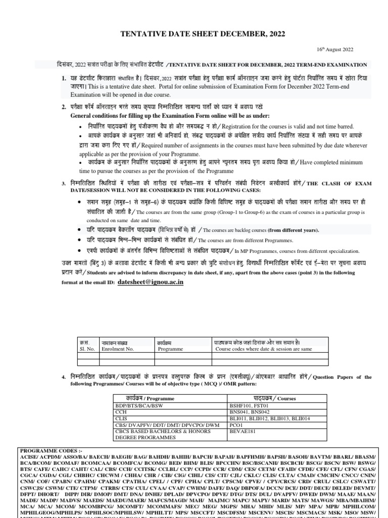 Tentative Date Sheet For December 2022 (13!08!2022) - I | PDF