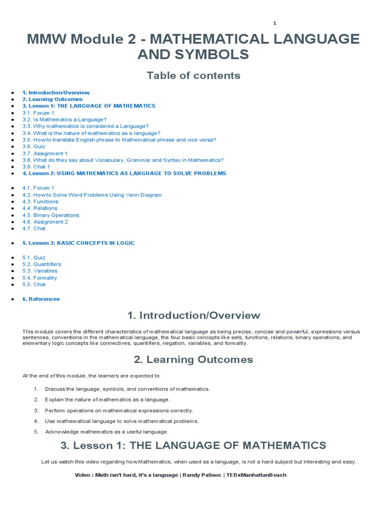 MMW Module 2 - MATHEMATICAL LANGUAGE AND SYMBOLS | PDF | Set ...