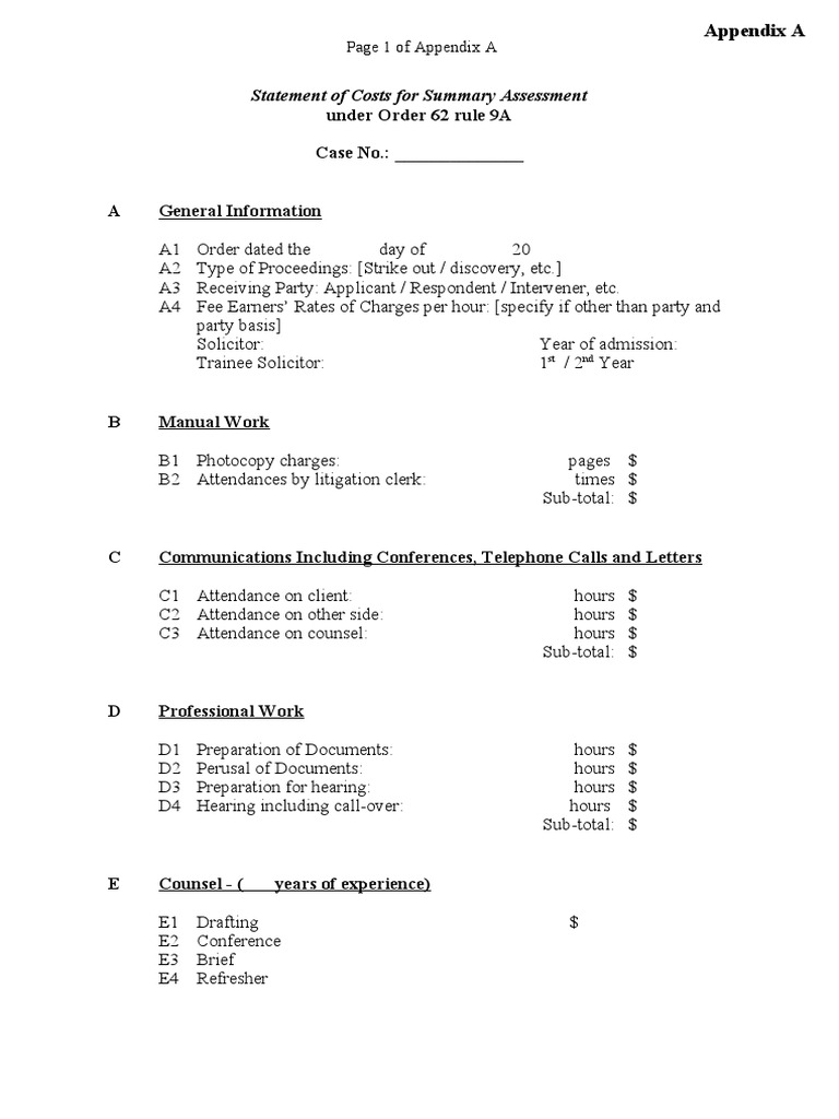 Summary Assessment Costs Statement | PDF | Costs In English Law ...