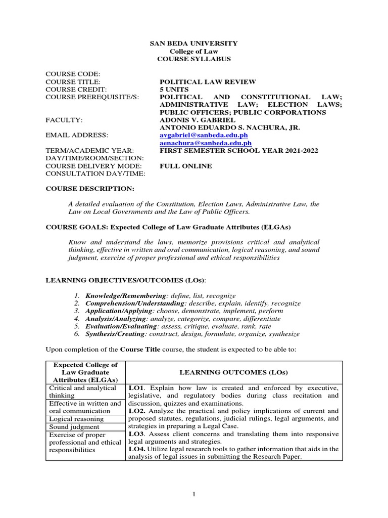 COL - Syllabus - Political Law Review SY21-22 | PDF | Test (Assessment ...