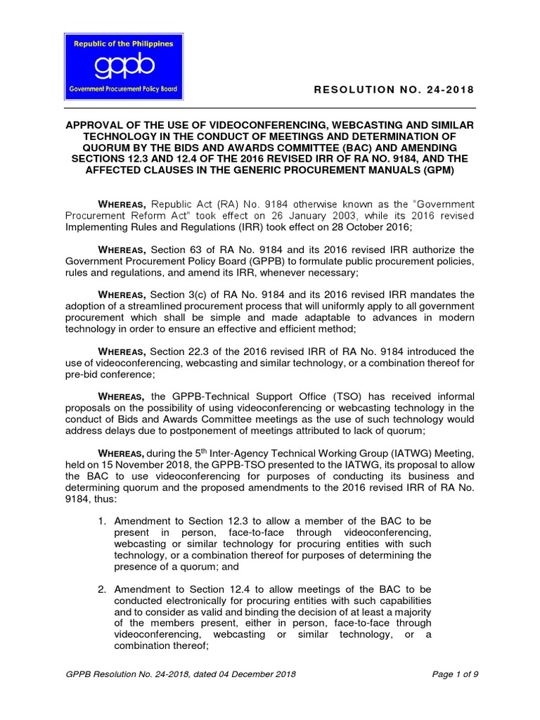 GPPB Resolution No. 24-2018 | Download Free PDF | Quorum | Procurement