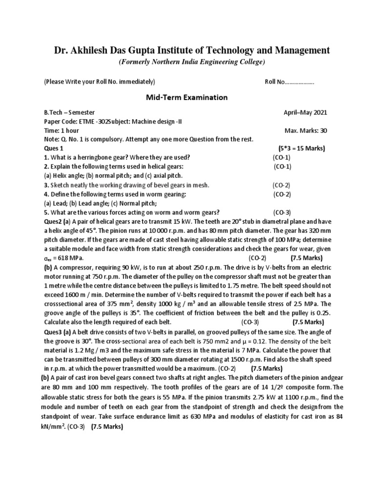 Machine Design II Exam Questions and Solutions | PDF | Gear | Belt ...