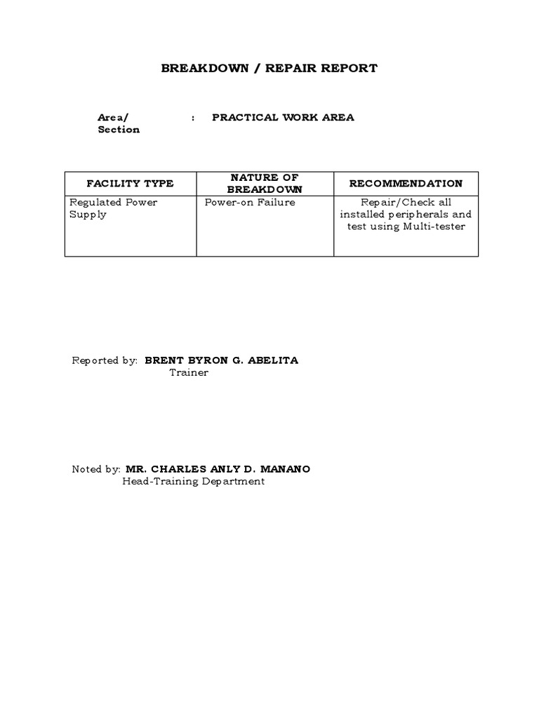 Breakdown / Repair Report: Area/ Section: Practical Work Area | PDF