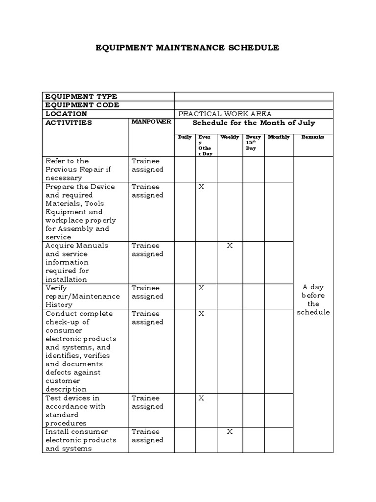 Monthly Equipment Maintenance Schedule | PDF