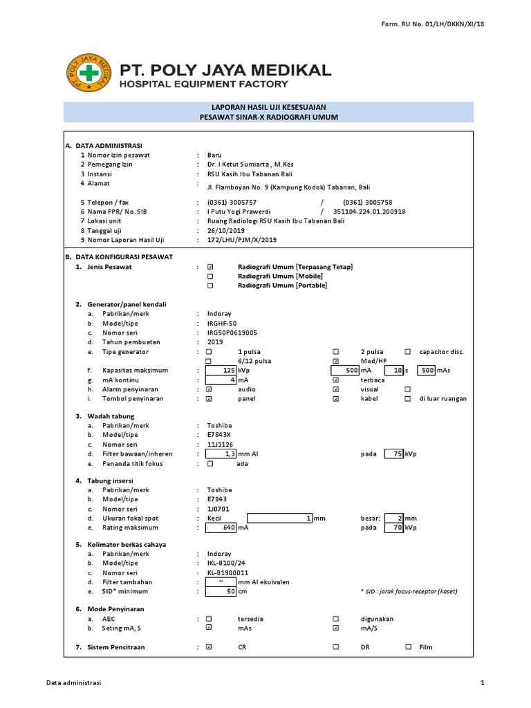 Laporan Hasil Uji Kesesuaian Pesawat Sinar-X Radiografi Umum | PDF