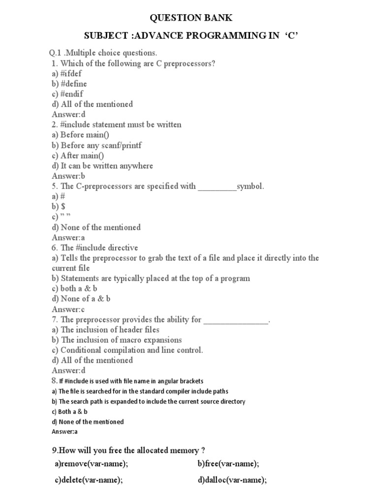 Question Bank Subject Advance Programming In C Pdf Subroutine Pointer Computer Programming