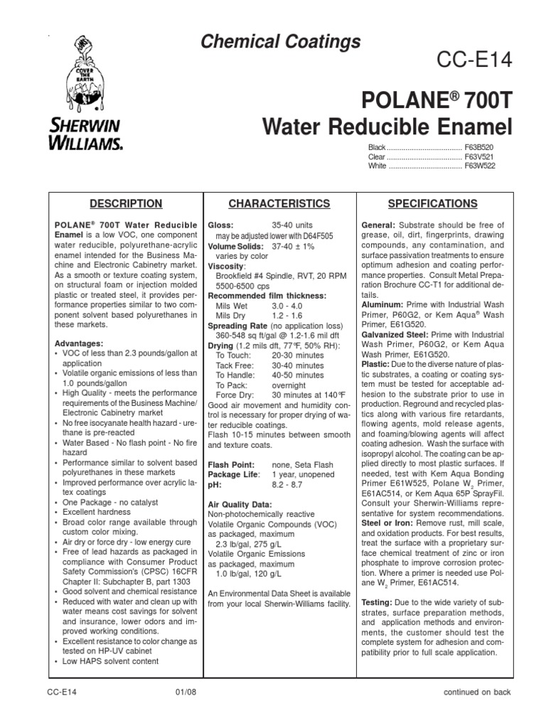 Polane 700T, Water Reducible Enamel | PDF | Water | Polyurethane