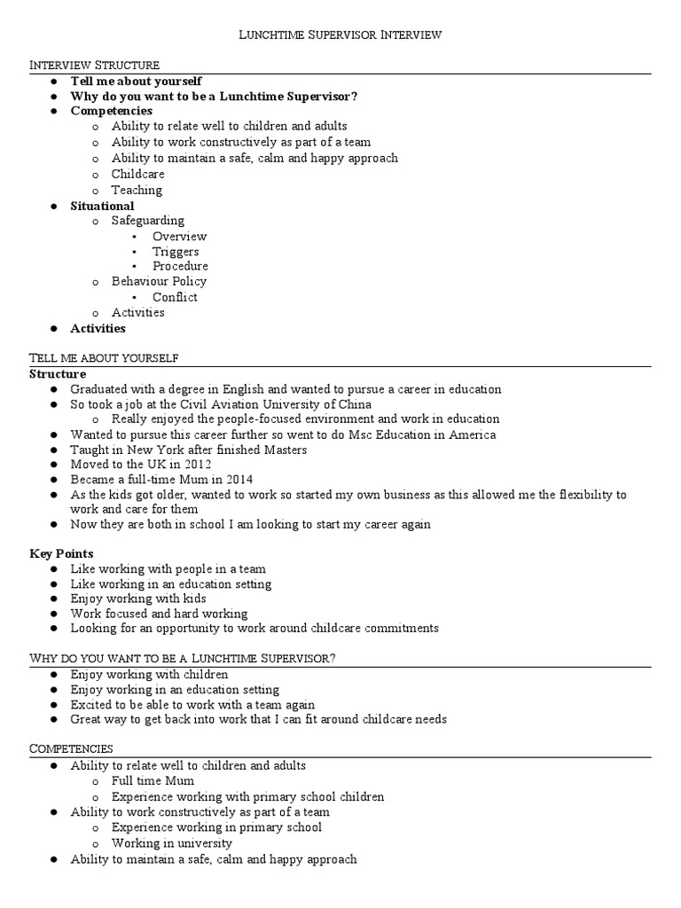Lunchtime Supervisor Interview | PDF | Family | Social Institutions Lunchtime Supervisor Interview | PDF | Family | Social Institutions