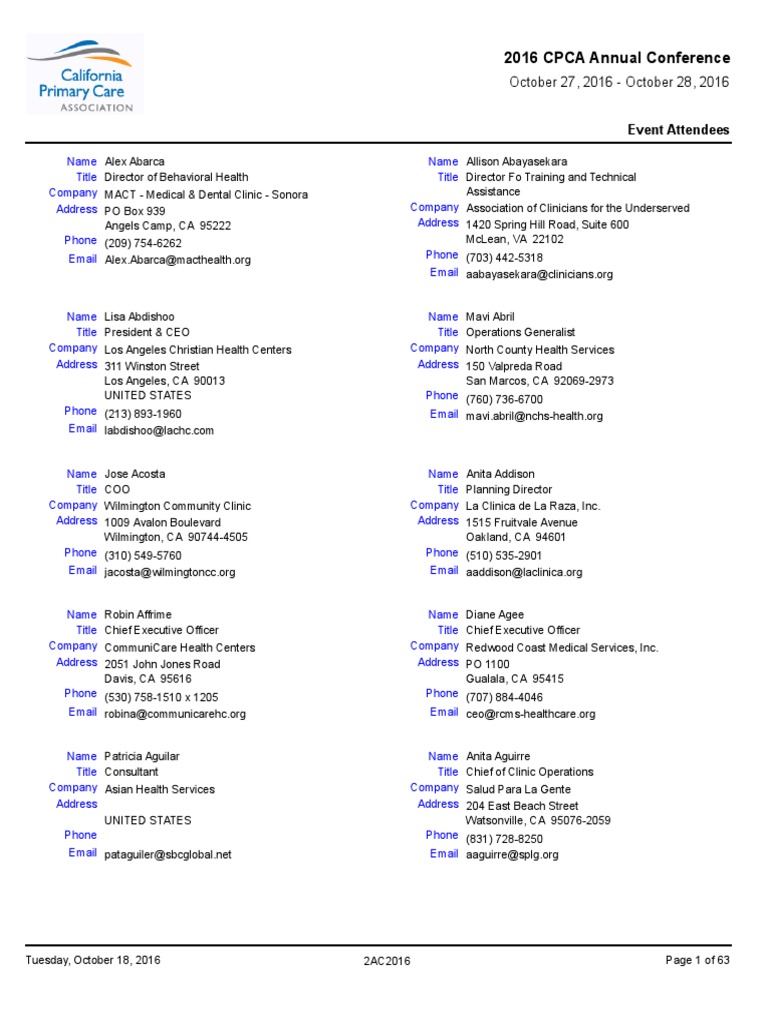 2016 Cpca Ac Attendee Roster | PDF | Medical And Health Organizations ...