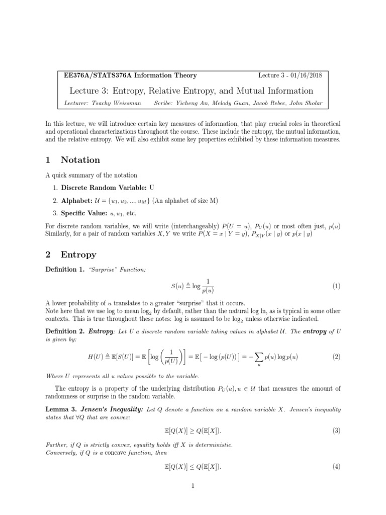 Lecture 3: Entropy, Relative Entropy, and Mutual Information | PDF ...