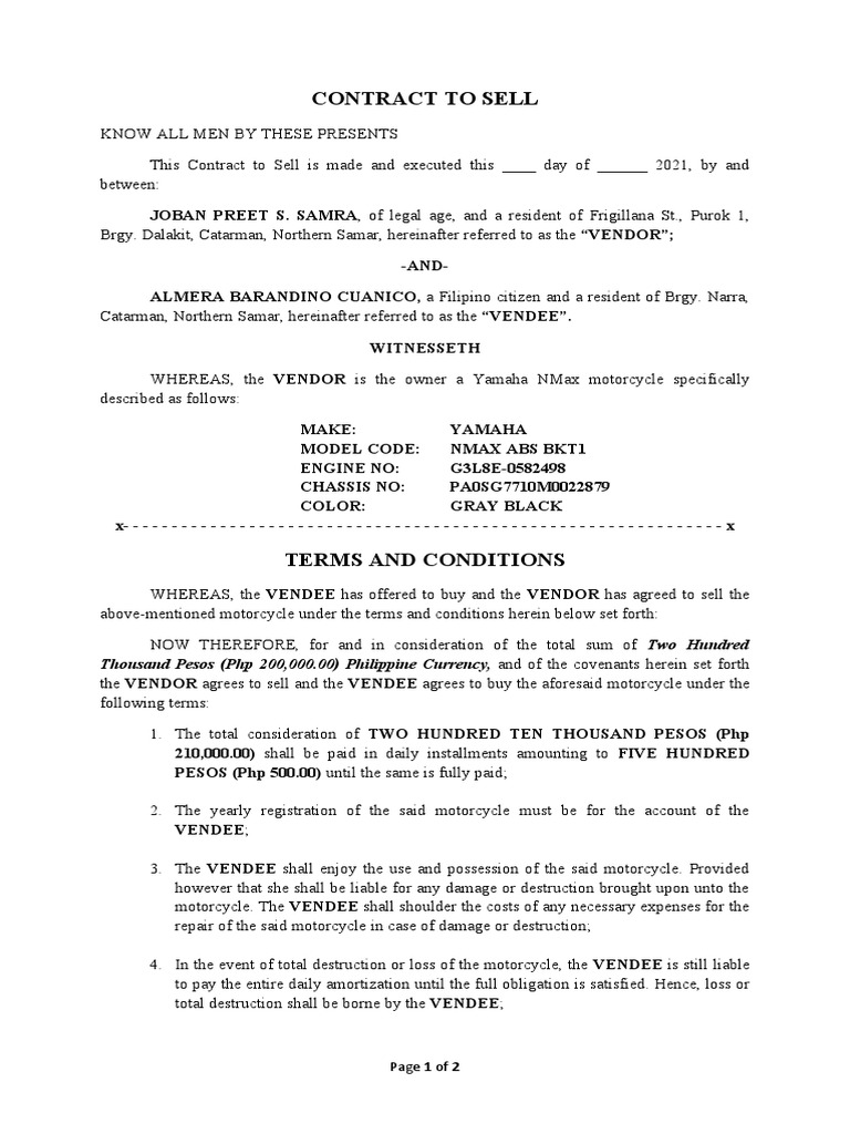 Motorcycle Sale Agreement Template | PDF | Identity Document | Private Law