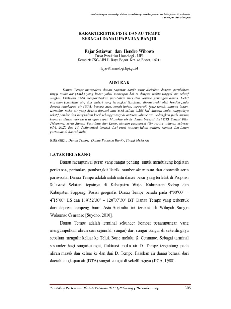 Jurnal 5 KARAKTERISTIK FISIK DANAU TEMPE SEBAGAI DANAU PAPARAN BANJIR | PDF