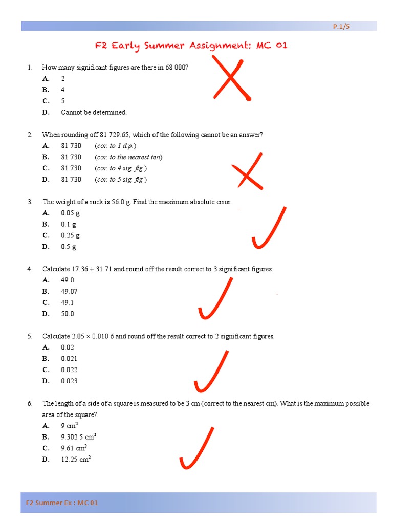 F2 Early Summer Assignment: MC 01: A. B. C. D | PDF | Significant Figures | Area