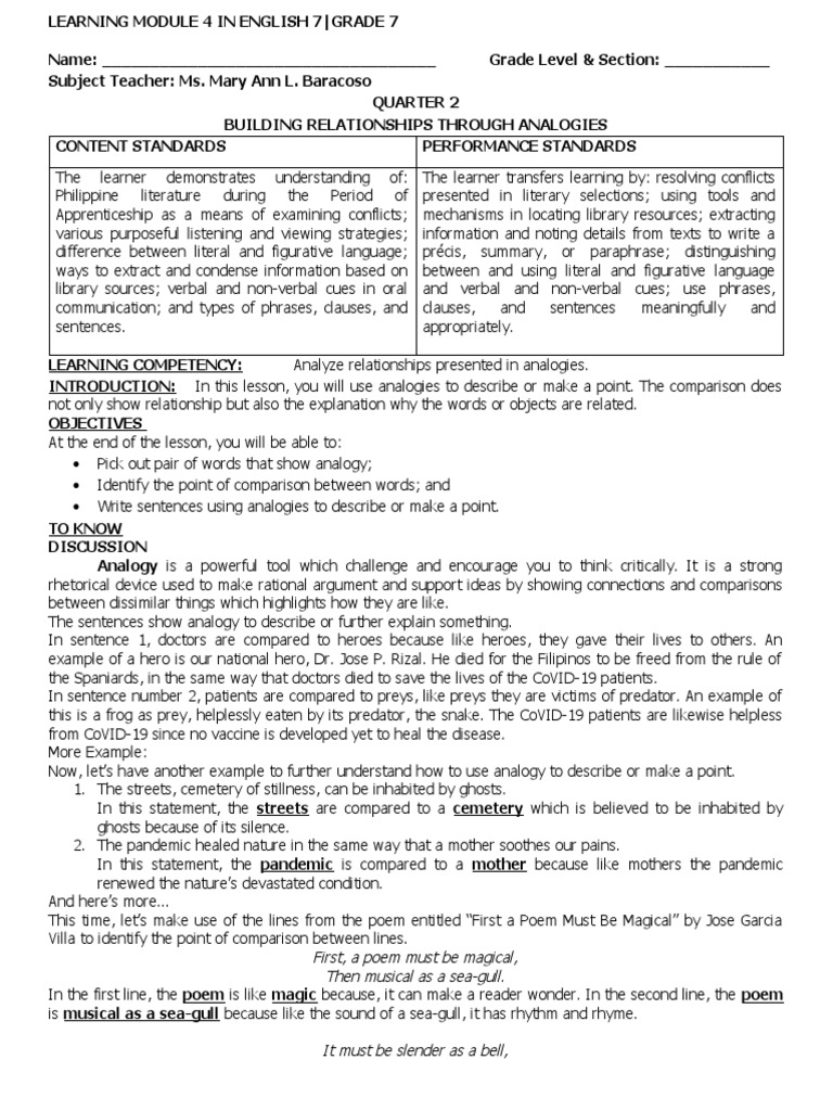 Analyzing Analogies: Exploring Relationships Through Comparisons | PDF ...