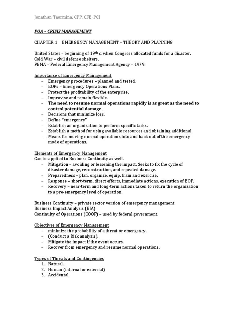Poa - Crisis Management: Jonathan Taormina, CPP, CFE, PCI | PDF ...
