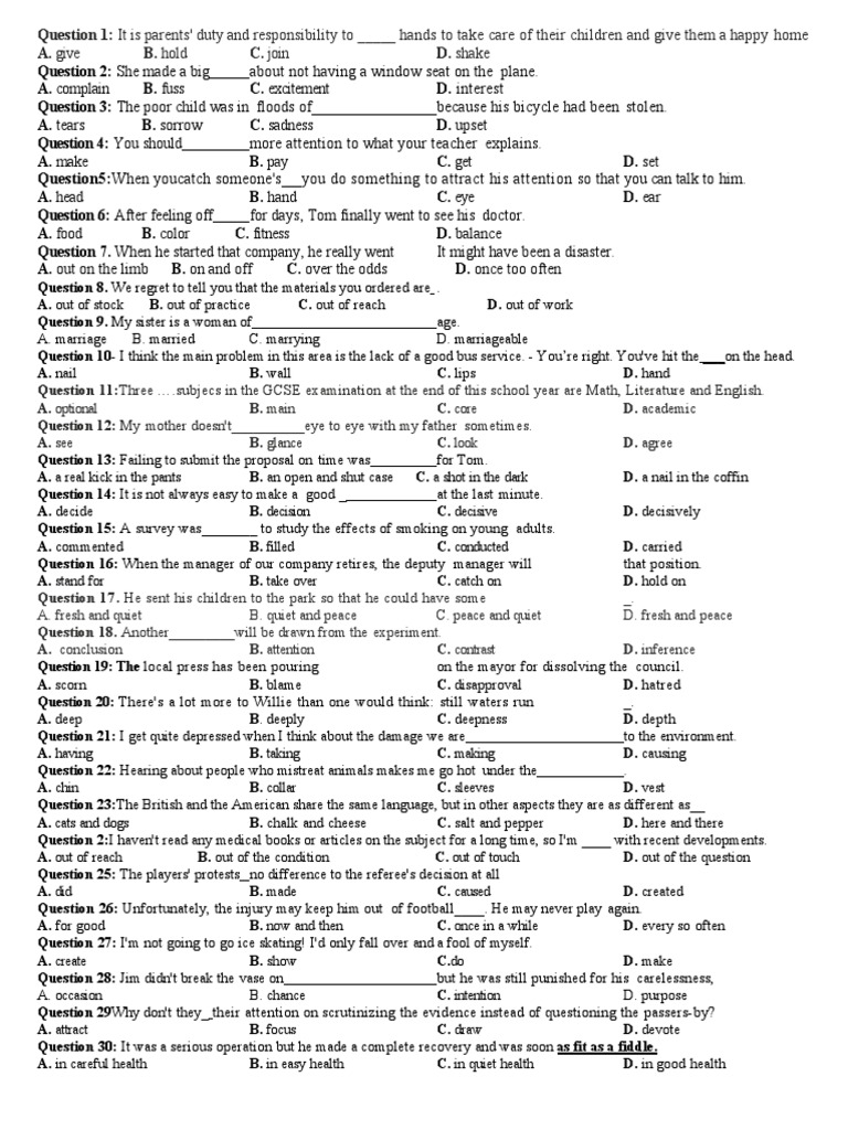 Comprehension Check: Multiple Choice Questions Examining Common English ...