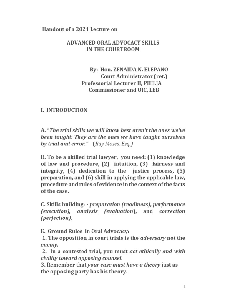 Elepano Zenaida Handout For Advanced Oral Advocacy Skills in The | PDF ...