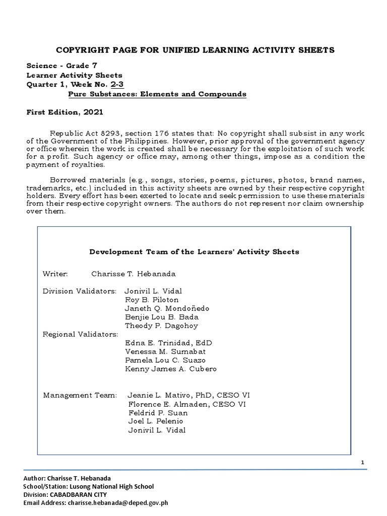 Science - Grade 7 Learner Activity Sheets Quarter 1, Week No. 2-3 Pure ...