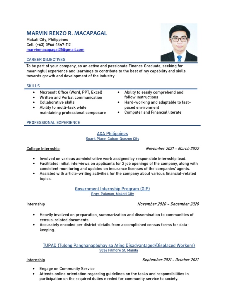 Marvin Renzo R. Macapagal: Career Objectives | PDF