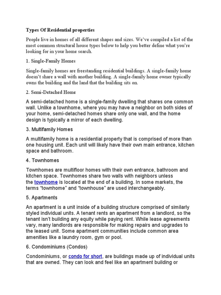 Types of Houses | PDF | Condominium | Apartment