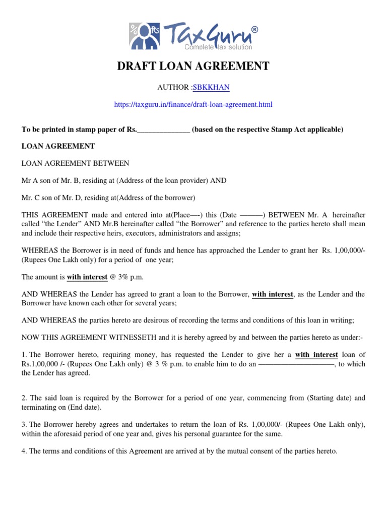 Draft Loan Agreement Template | PDF | Loans | Interest