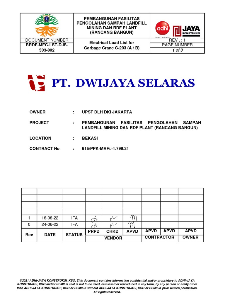 Electrical Load List For Overhead Garbage Crane - AWC | Download Free ...
