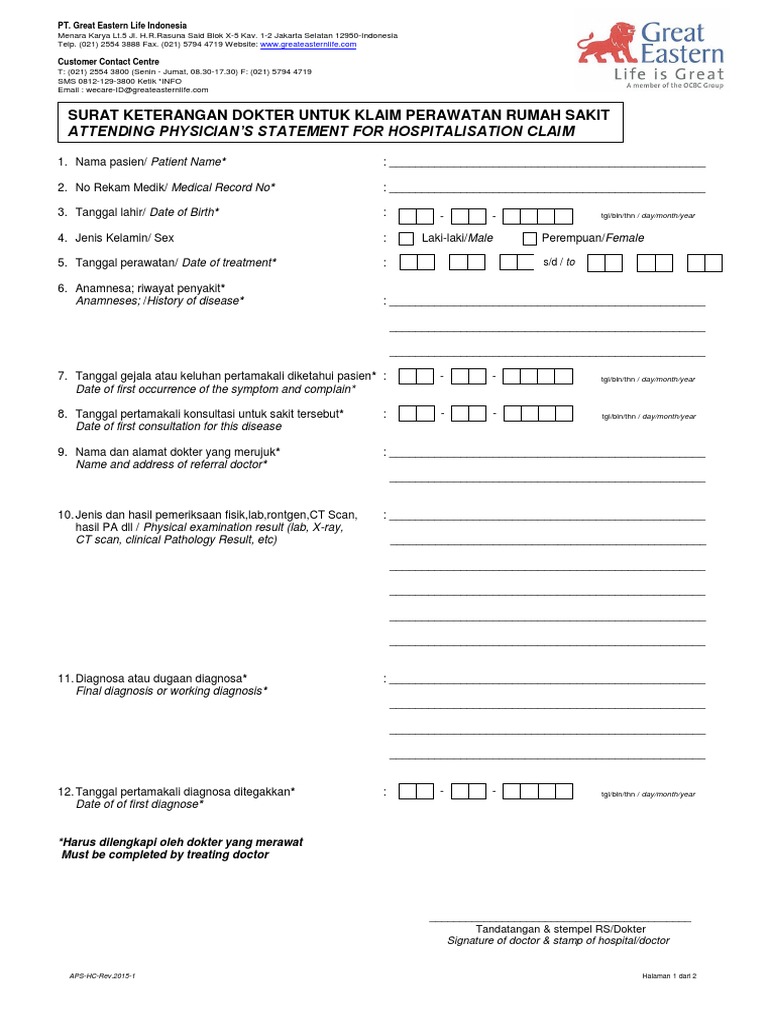 Surat Keterangan Dokter Untuk Klaim Perawatan Rumah Sakit Pdf