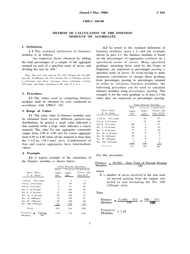 CRD - c104 (1) Calculation Fineness Aggregate | PDF | Percentage | Statistics