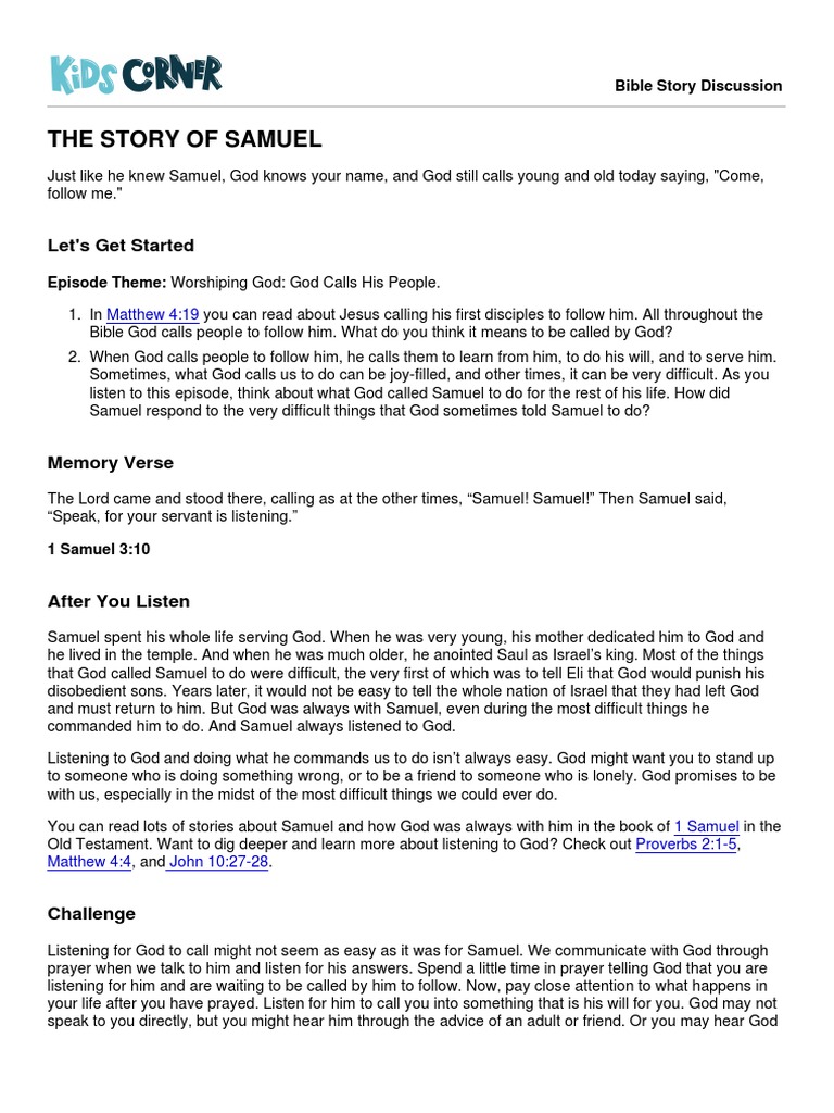Kids Corner The Story of Samuel Bible Story Discussion | PDF | Samuel ...