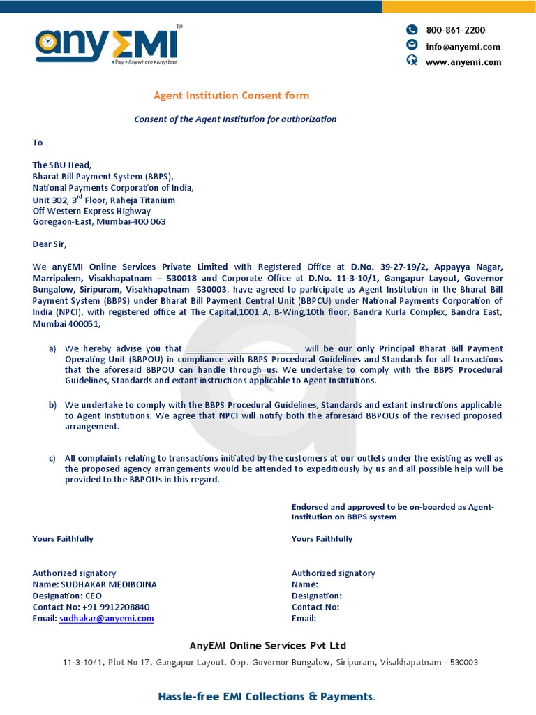BBPS Agent Institution Consent Form | PDF | Money | Financial Services