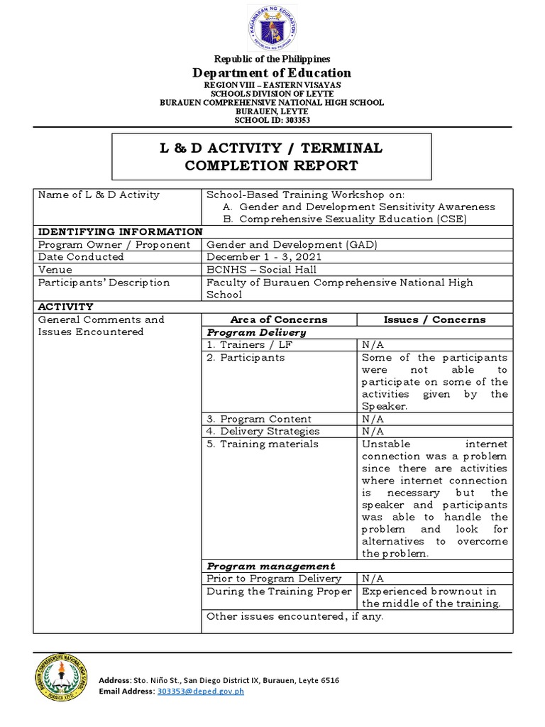 L&D Activity - Terminal Completion Report | PDF | Sex Education | Gender